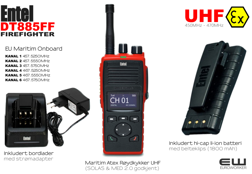Entel DT885FF - ATEX Røykdykker Marine Radio (UHF, IIB 2W, Solas, Med 2 ...