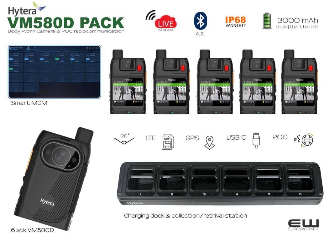 Hytera VM580D 6 Pack Bundle - Body Worn Camera & POC radio (LTE, 4G)