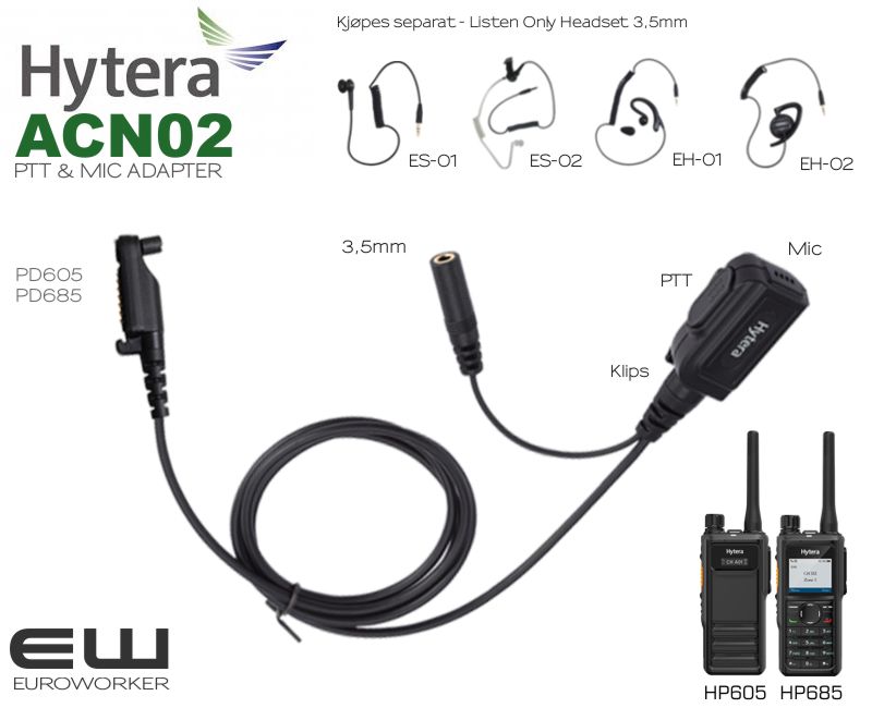 Hytera ACN02 PTT Headset med Inline MIC for 3,5mm Listen Only Earpiece (HP605, HP685)