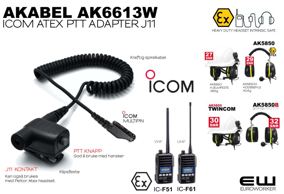 Akabel AK6613W - PTT Adapter Icom IC-F61 (UHF) og IC-F51 (VHF) (Atex, J11)