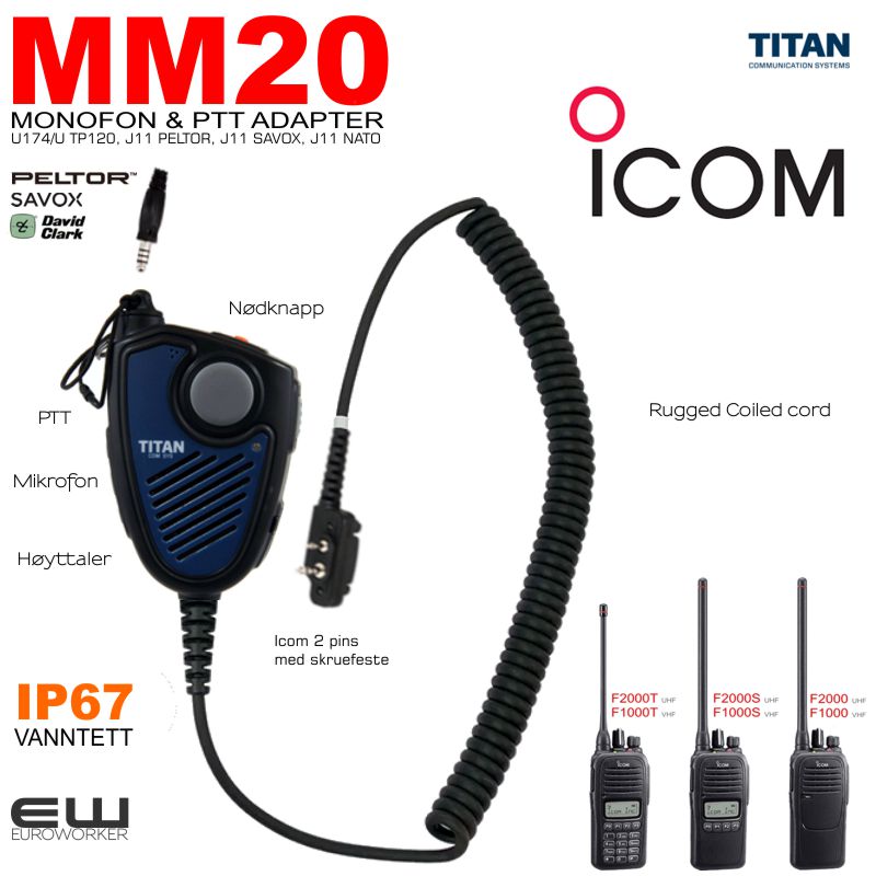 MM20 Monofon & Nøklingsbryter for Icom LA-kontakt (F29SR2, F2000m F1000 ...