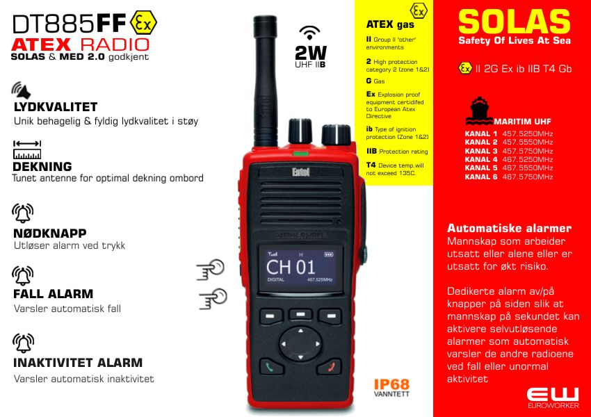 Entel DT885FF - ATEX Røykdykker Marine Radio (UHF, IIB 2W, Solas, Med 2 ...