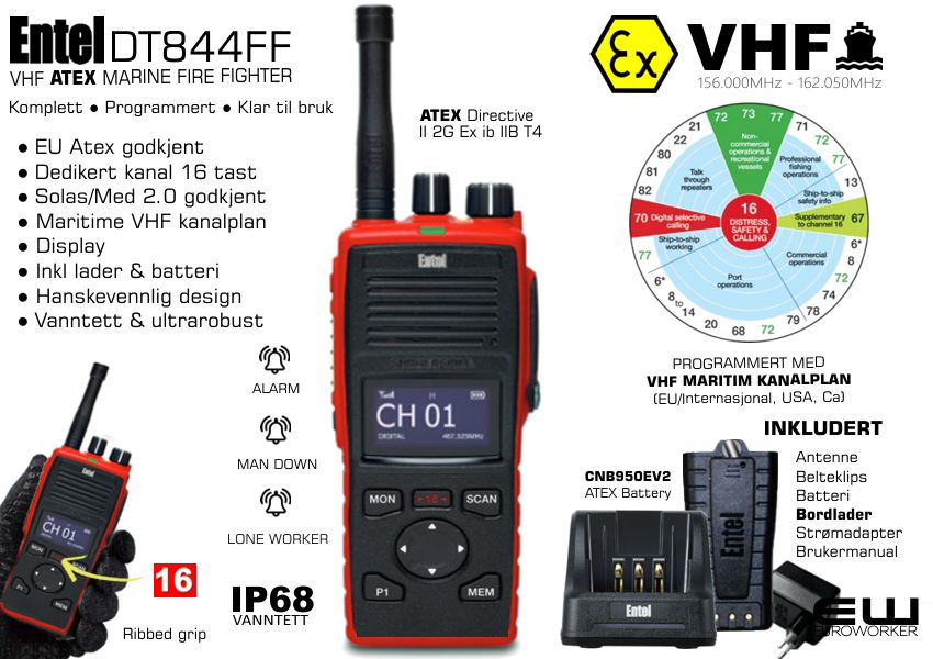 Entel DT844FF Marine VHF Atex Fire Fighter (Programmert, inkl Batteri ...