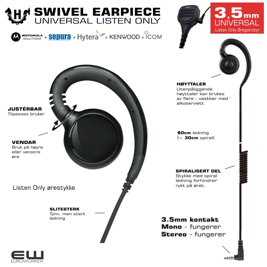 Universal 3,5mm Svivel Earpiece (vendbar)