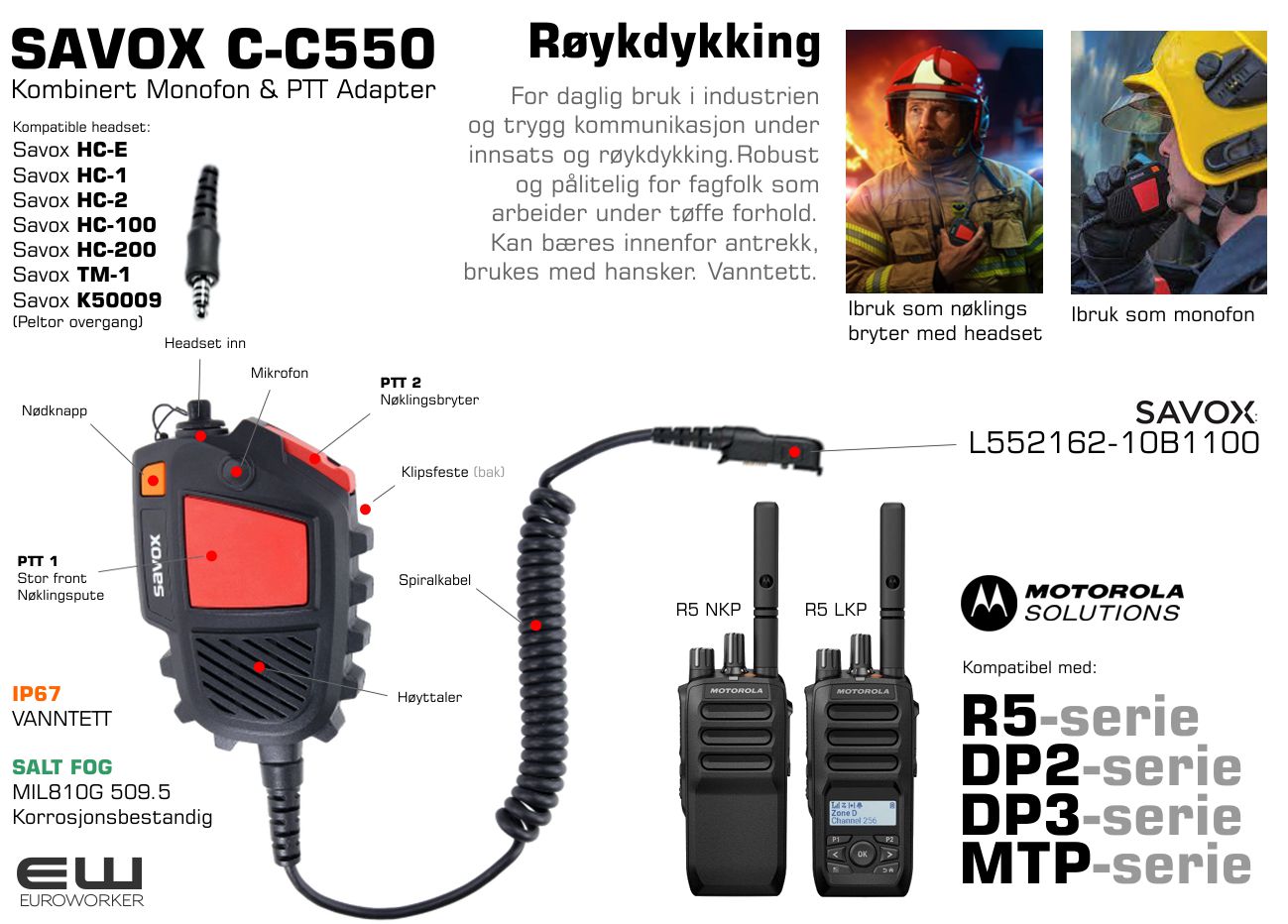 Savox C-C550 Kombinert Monofon & PTT Adapter Røykdying (Motorola R5 ...