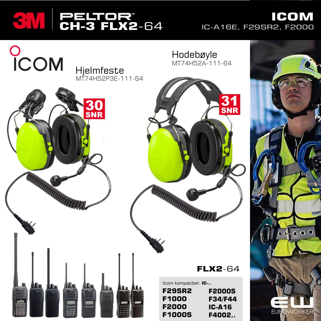 3M Peltor CH-3 Icom LA Industriheadset (PTT, F29SR2, F1000, F2000 ...