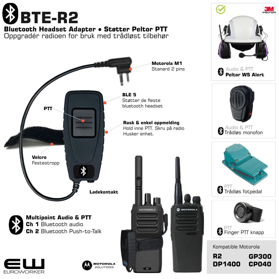 BTE-R2 Bluetooth Headset Adapter for Motorola R2 og DP1400 (Peltor BT ...